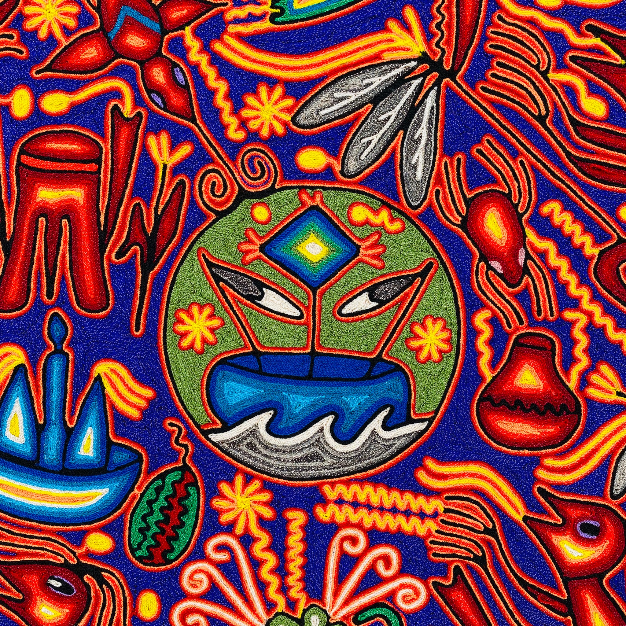 The Sacred Jicara Large Huichol Yarn Painting Mercado369